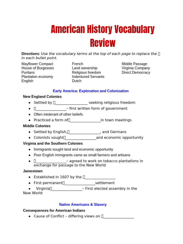 American History Vocabulary Review | PDF | Thirteen Colonies | Slavery
