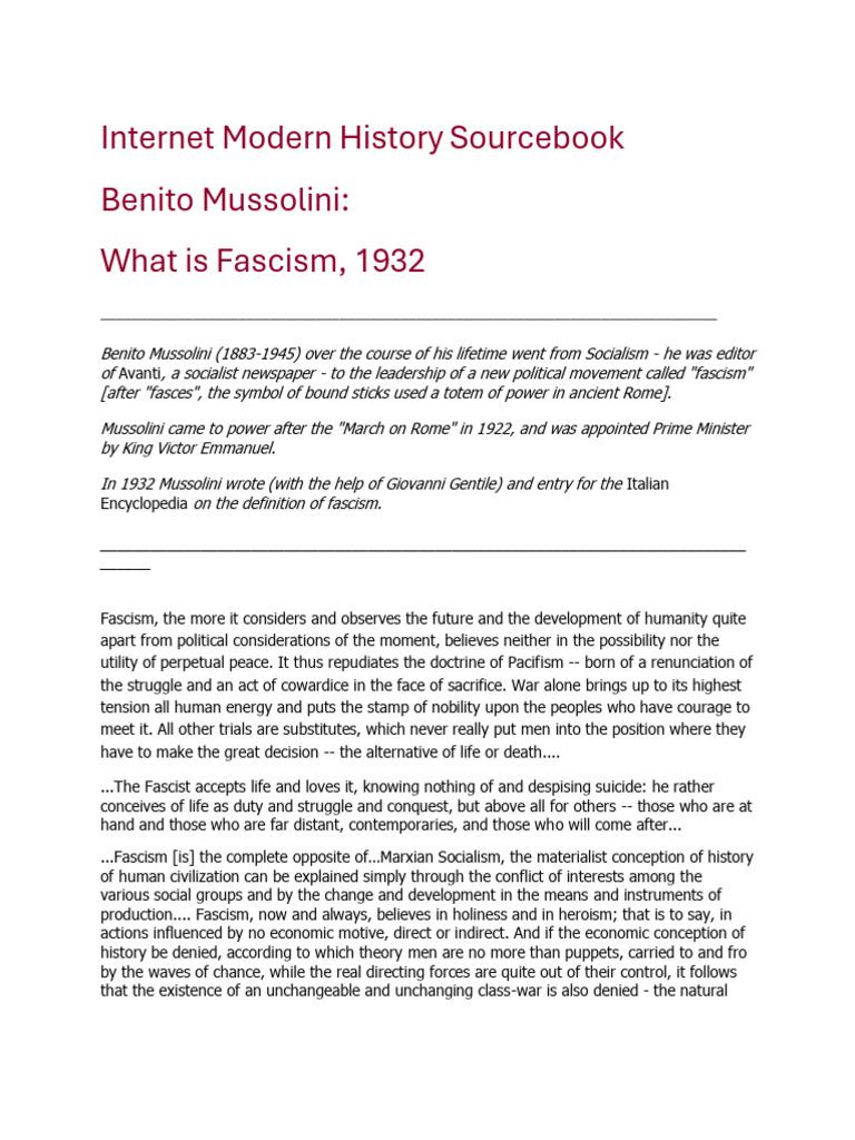 Benito Mussolini. What Is Fascism, 1932 | PDF | Fascism | Benito Mussolini