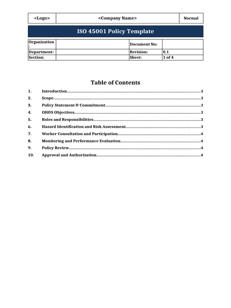 ISO 45001 Policy Template | PDF | Occupational Safety And Health | Risk