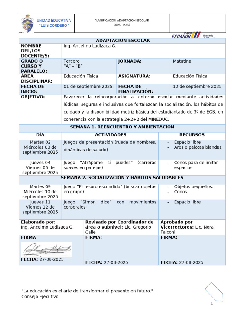 Adaptación Escolar 3ero de Basica | PDF