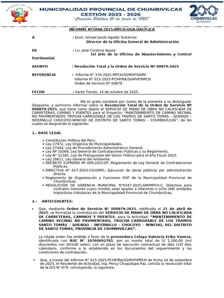 Informe - #01048-2025 - Resolución Total A La Orden de Servicio #00879 ...