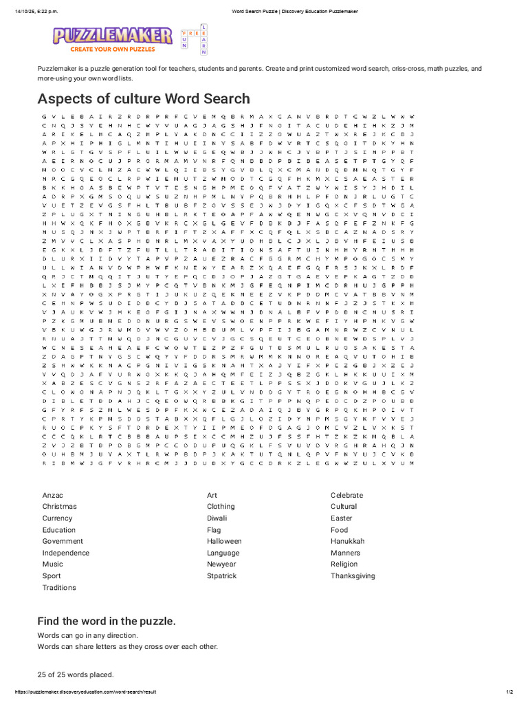Word Search Puzzle - Discovery Education Puzzlemaker | PDF