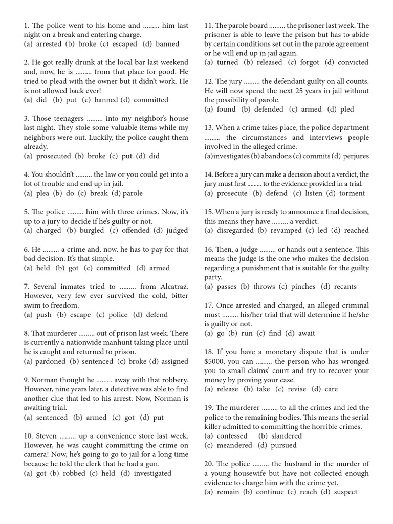 Crime Vocabulary Quiz and Exercises | PDF | Plea | Sentence (Law)