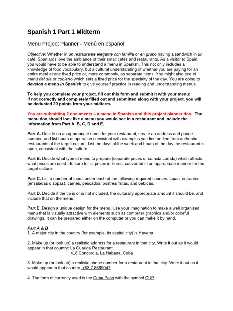 Sp1 Pt1 Midterm Exam Spanish Menu Project WORD-4 21 | PDF | Menu | Cuisine
