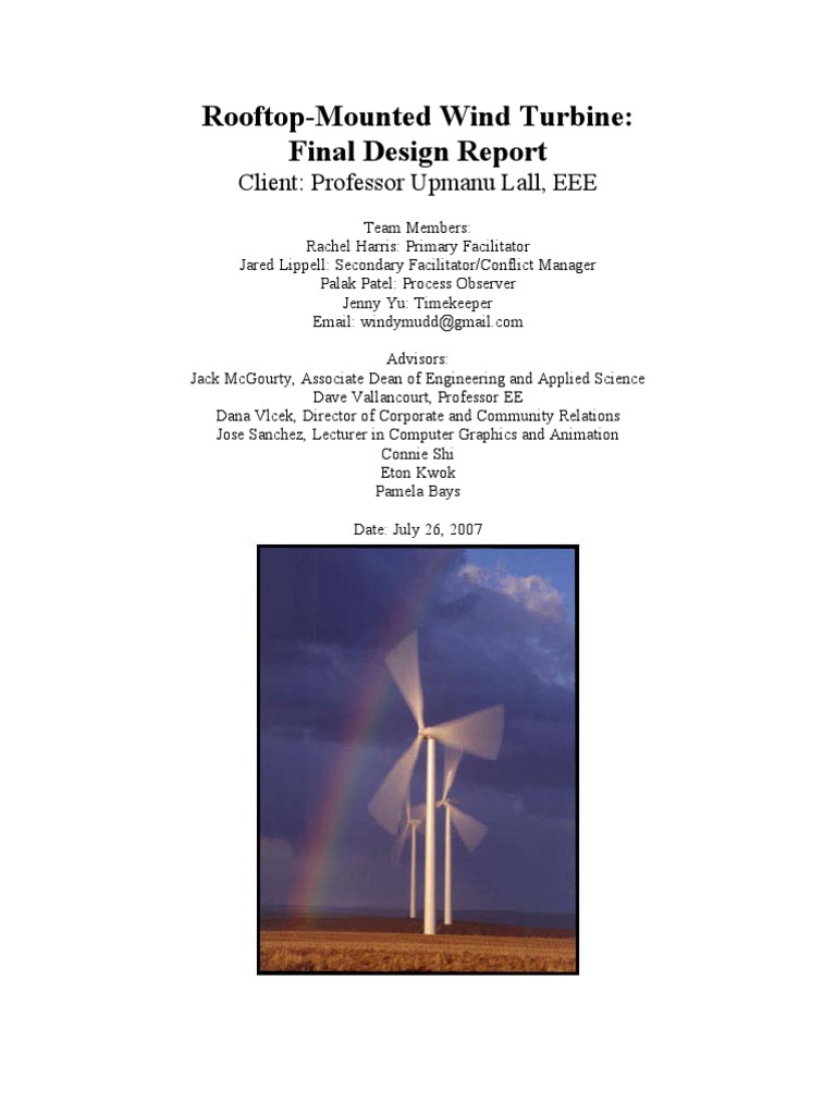 Rooftop-Mounted Wind Turbine: Final Design Report: Client: Professor ...