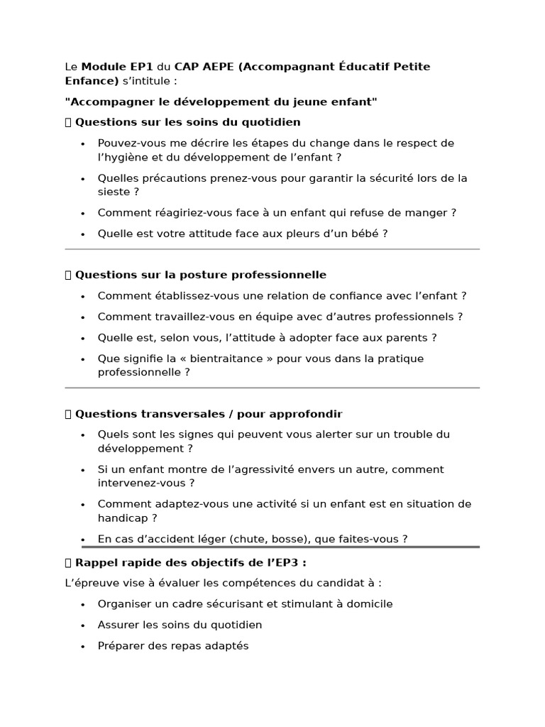 Le Module EP1 Du CAP AEPE Questions Oral | PDF | Fièvre | Psychologie ...