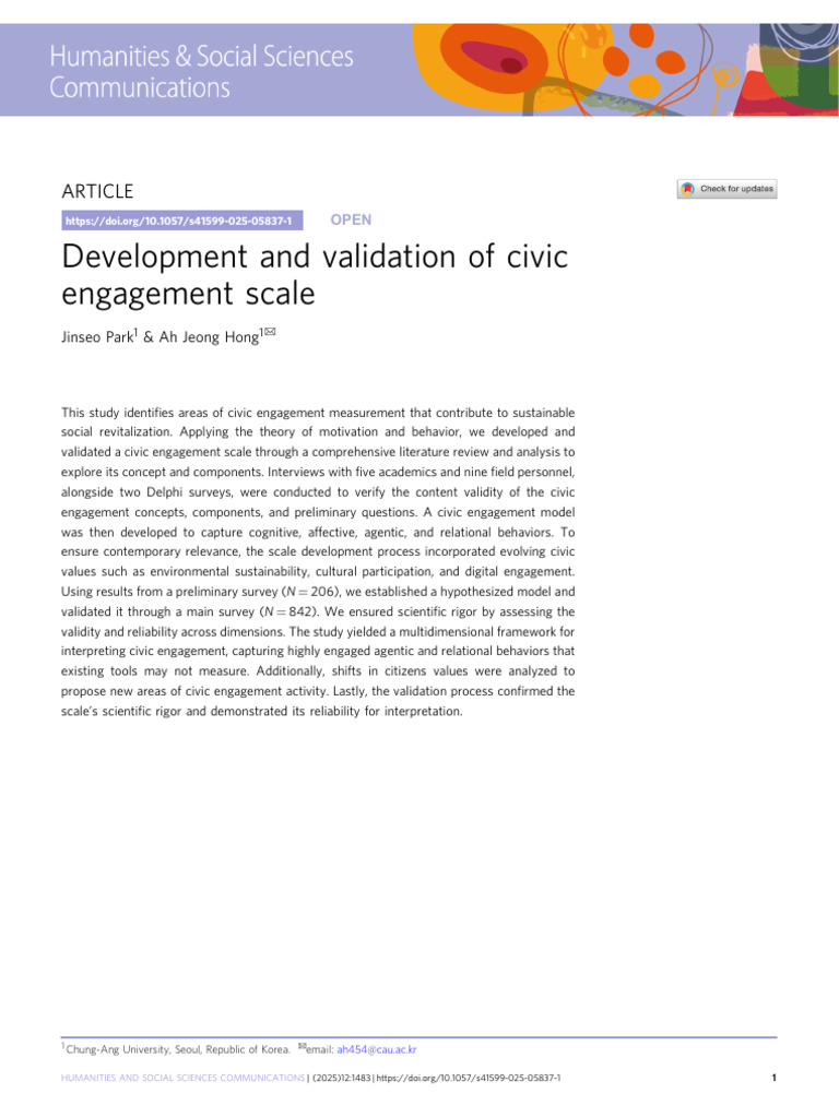 Civic Engagement Scale Development and Validation | PDF | Civic ...
