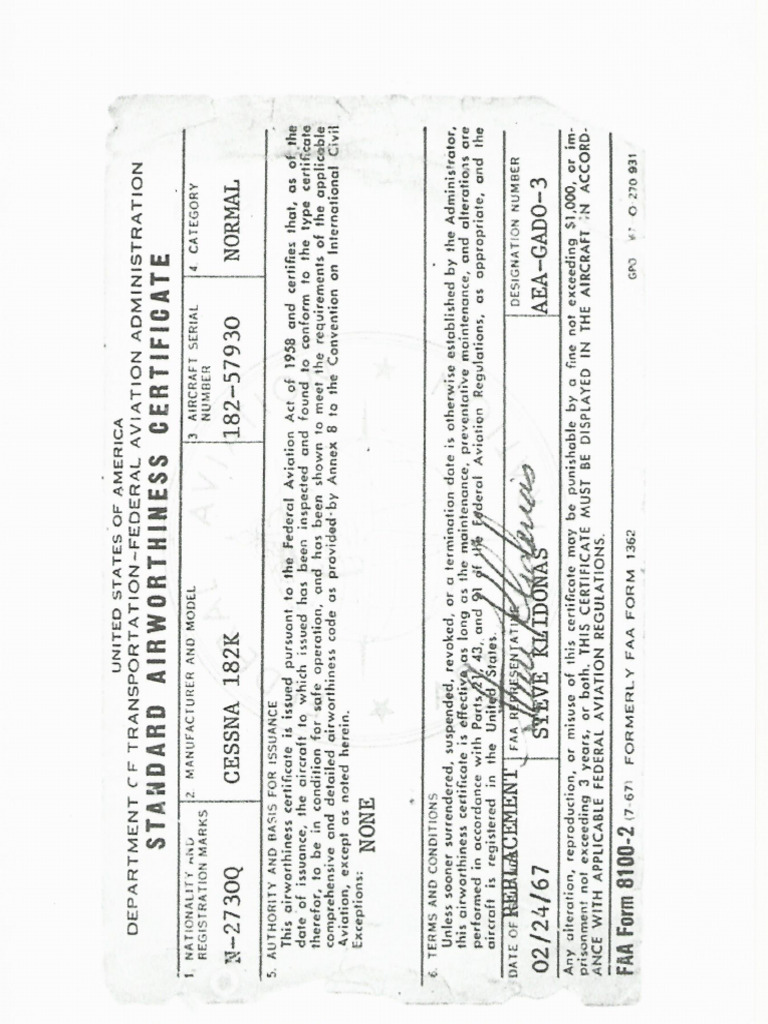Standart Airworthiness Certificate | PDF