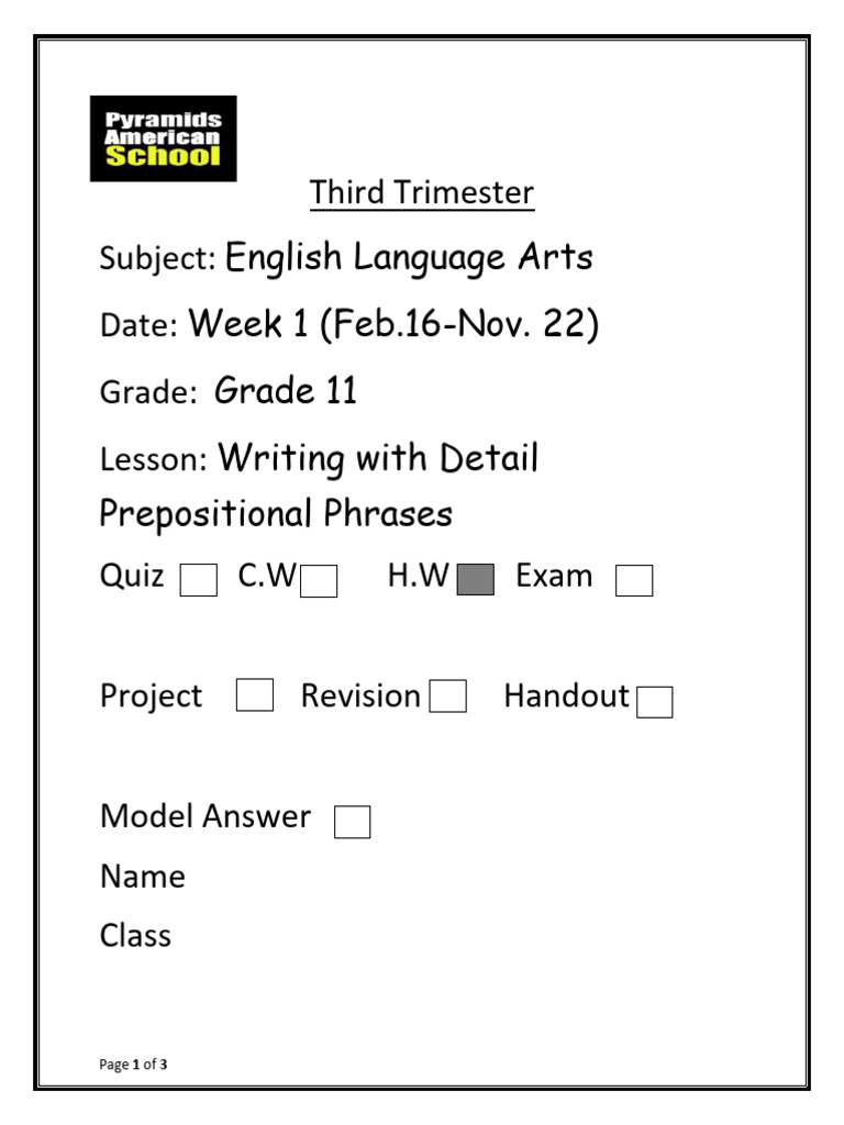 Gr11 Ela Week1 Tri 3 HW Writing With Detail Prepositional Phrases Copy ...