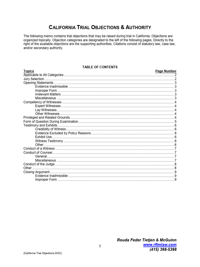 California Trial Objections | PDF | Witness | Admissible Evidence