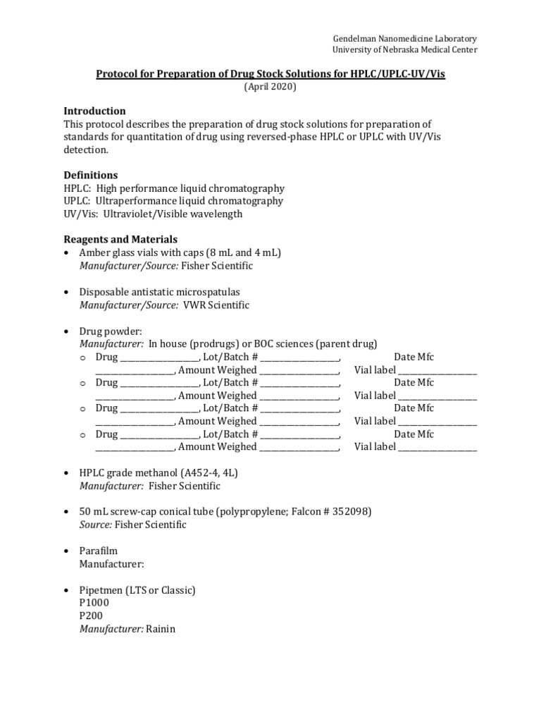 Drug Stock Solution Prep Protocol | PDF | High Performance Liquid ...
