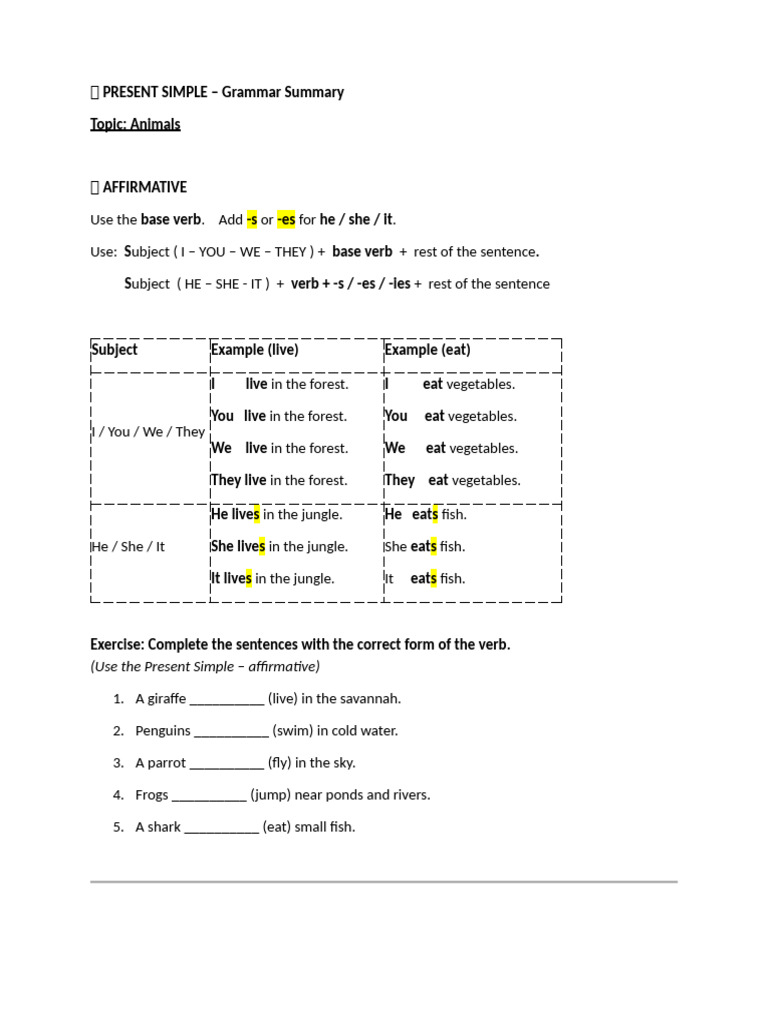 PRESENT SIMPLE - Animals (Unit 2) - 5th Form (OK) | PDF | Penguin | Eagle