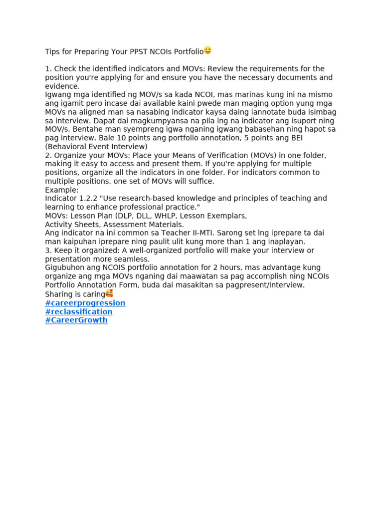 PPST NCOIs Portfolio Preparation Tips | PDF