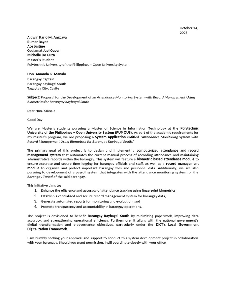Letter For Propasal Pup Ous | PDF | Biometrics | Governance