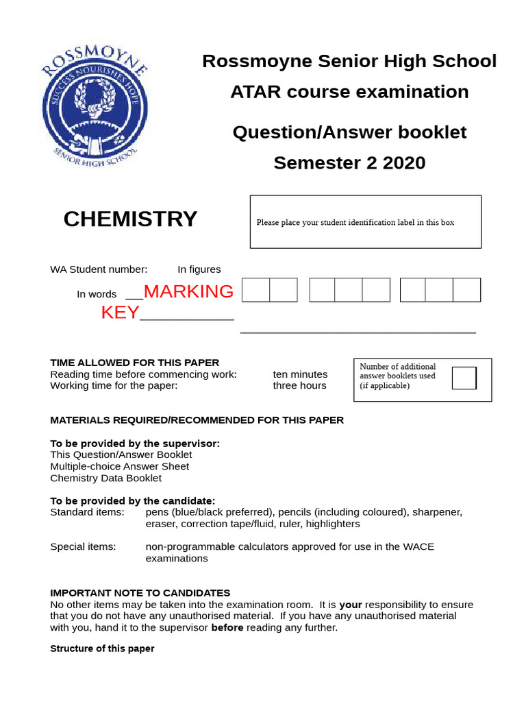 2020 Sem 2 Rossmoyne Chemistry Exam Marking Key | PDF | Acid | Chemical ...