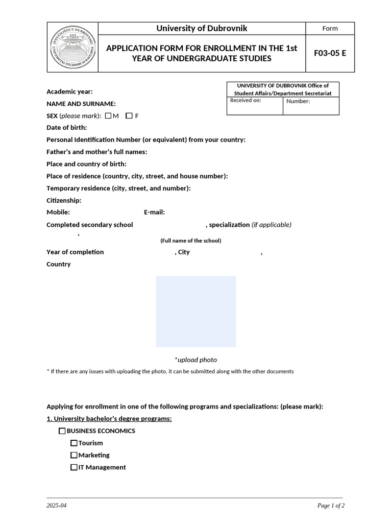 Enrollment Application for Dubrovnik University | PDF | Identity ...