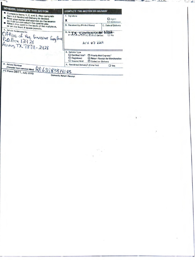 Statutory Declaration Delivered To State of Texas The Honorable ...