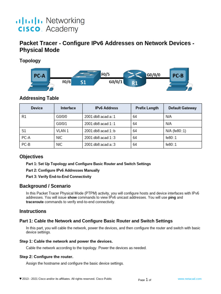 YourLastName 12.9.2 Packet Tracer Configure Ipv6 Addresses On Network Devices Physical Mode ...