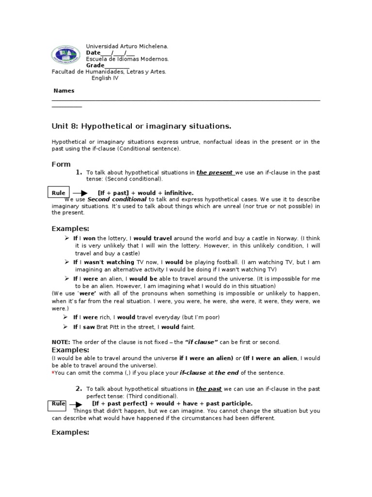 Unit 8: Hypothetical or Imaginary Situations.: Form 1 | PDF | Style ...