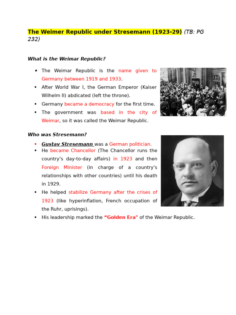 The Weimer Republic Under Stresemann | PDF | Weimar Republic ...