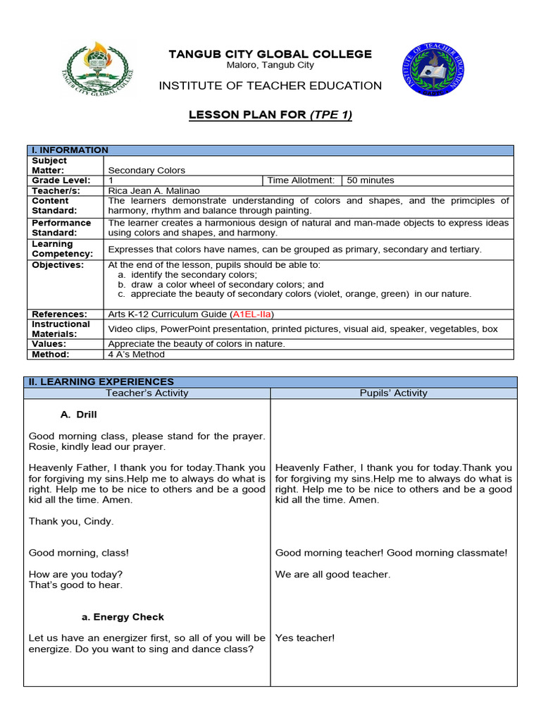 Secondary Colors Detailed Lesson Plan | PDF | Color | Lesson Plan