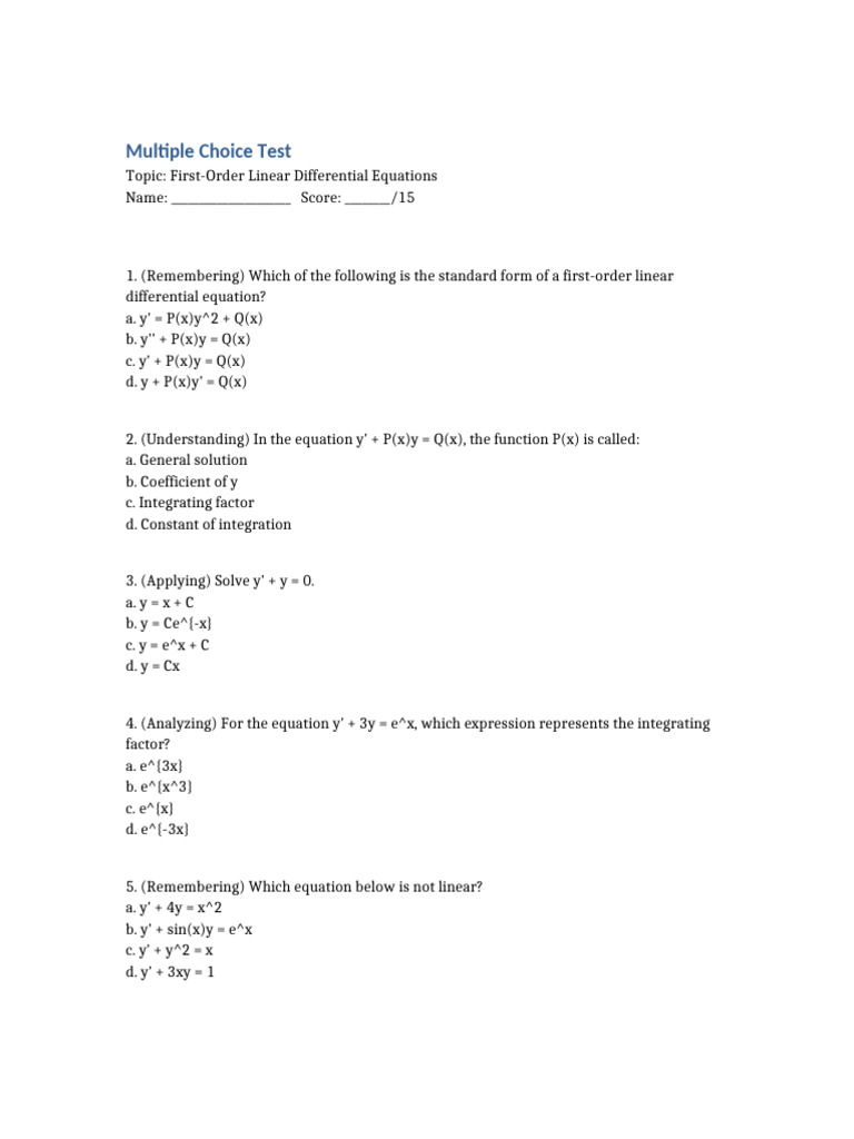 First-Order Linear Differential Equations Test | PDF | Equations ...