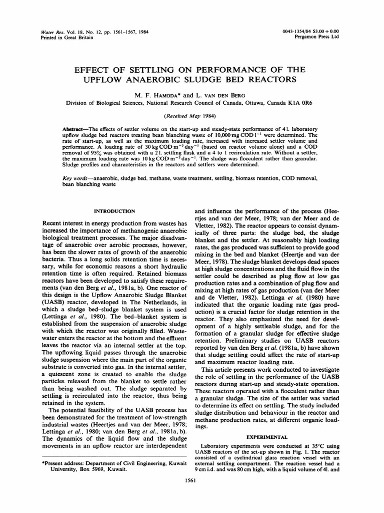 HAMODA, BERG 1984 - Effect of Settling On Performance of The UASB Reactors | PDF | Anaerobic ...
