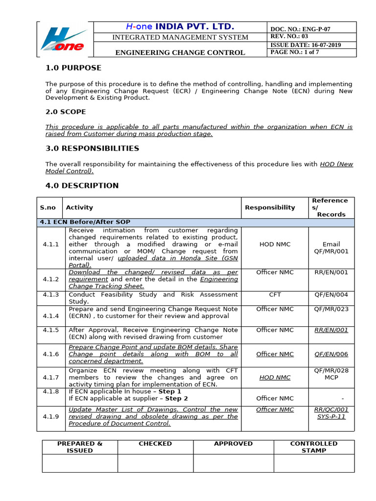 Eng-P-07 Engineering Change Control | PDF