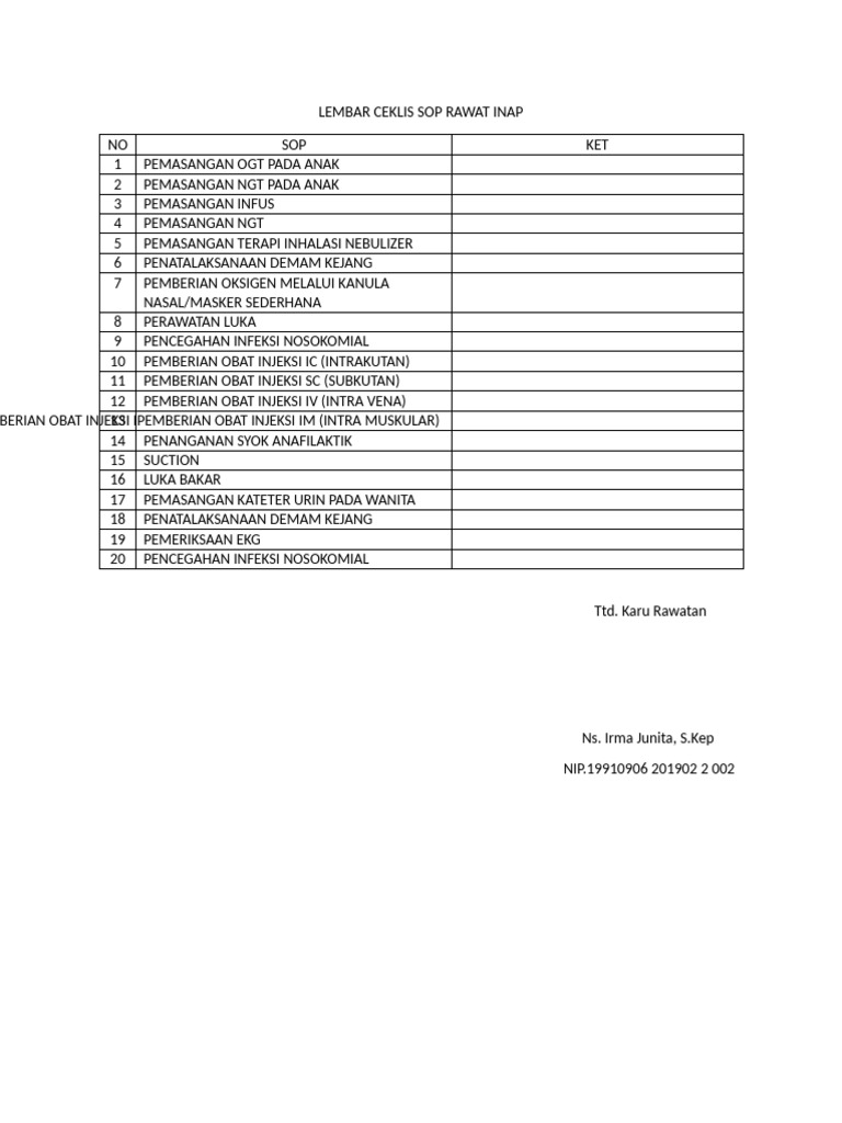 Lembar Ceklis Sop Rawat Inap | PDF