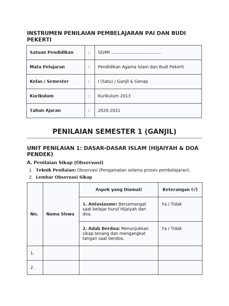 T.A 2020-2021 - Instrument Penilaian Kelas 1 Semester 1-2 | PDF