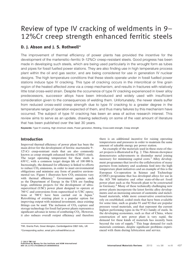 Review of Type IV Cracking of Weldments in 9 - 12%Cr Creep Strength ...