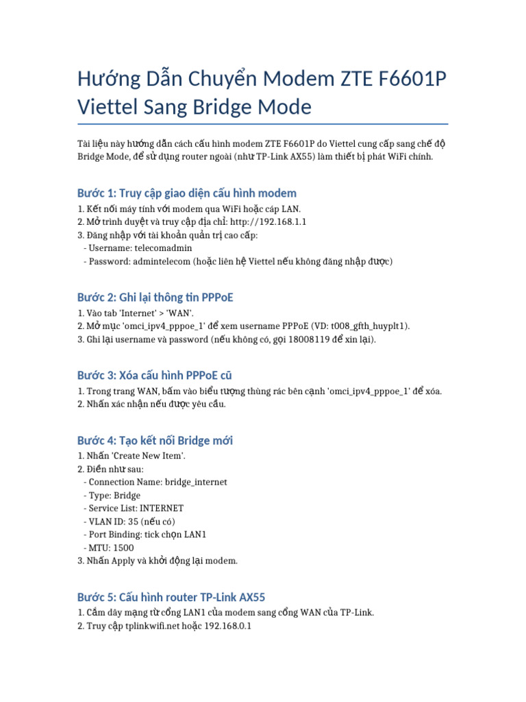Huong Dan Bridge Mode ZTE F6601P | PDF