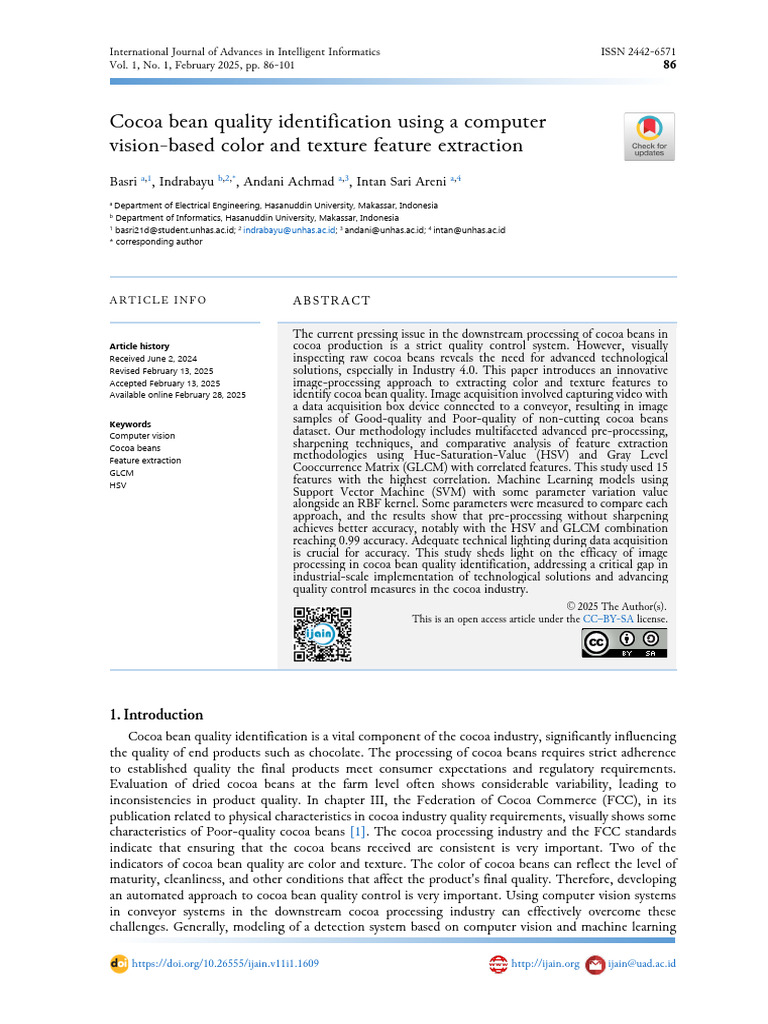 Cocoa Bean Quality Identification Using A Computer Vision-Based Color and Texture Feature ...