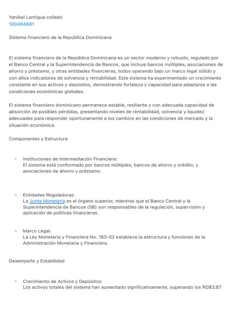 Yanibel Lantigua Collado | PDF | Bancos | Sistema financiero