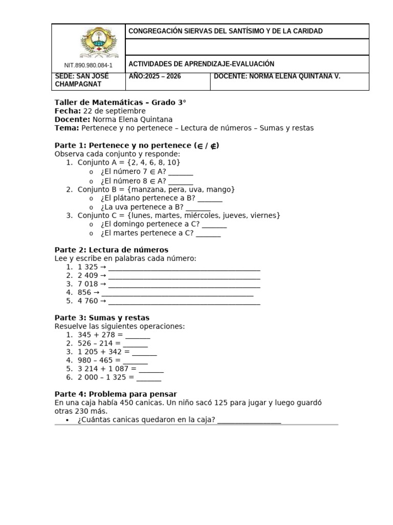 Taller Matemáticas Grado 3° 22 Sept | PDF
