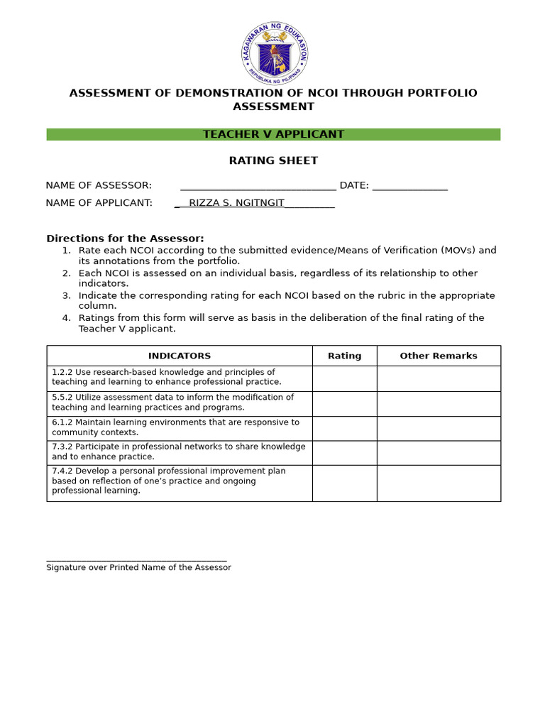 NCOI Rating Sheet for Teacher V | PDF