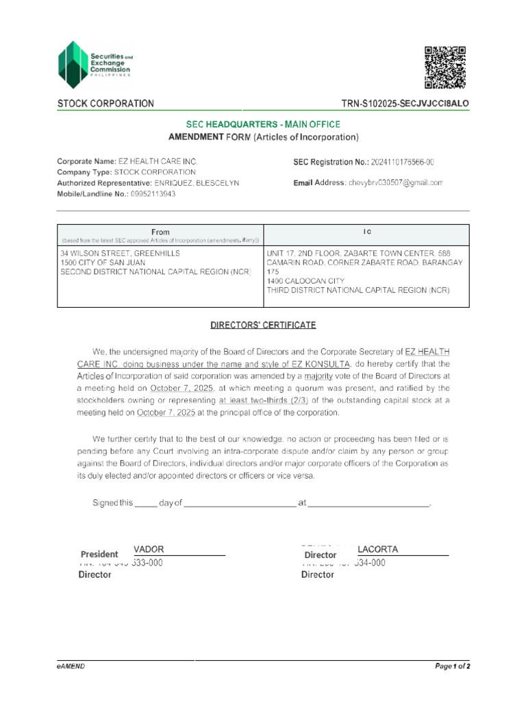Ez Health Amendment Form | PDF