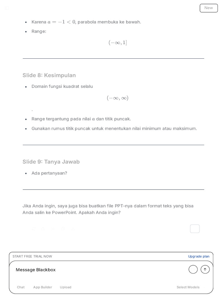 Buatkan PPT Menentukan Domain Dan Range Dari Fungsi Kuadrat - BLACKBOX - Ai - Blackbox | PDF
