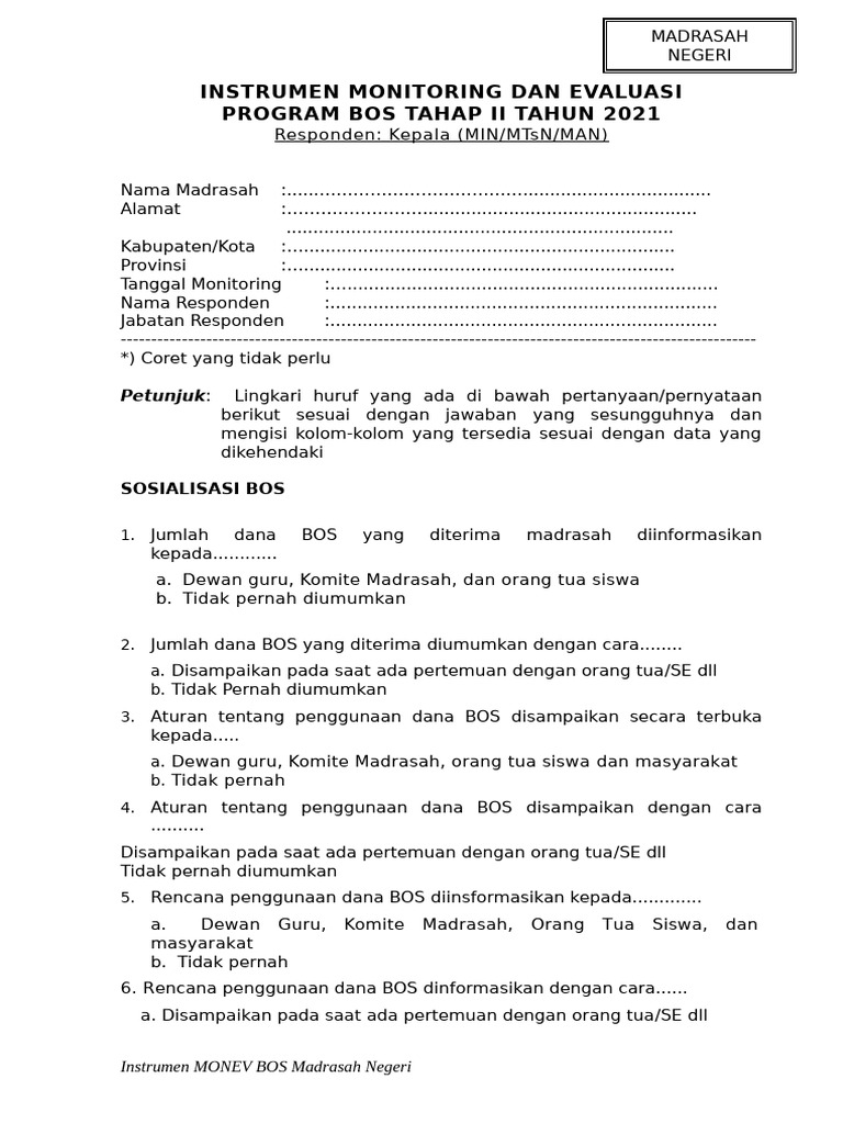 Instrumen MONEV Program BOS 2021 | PDF