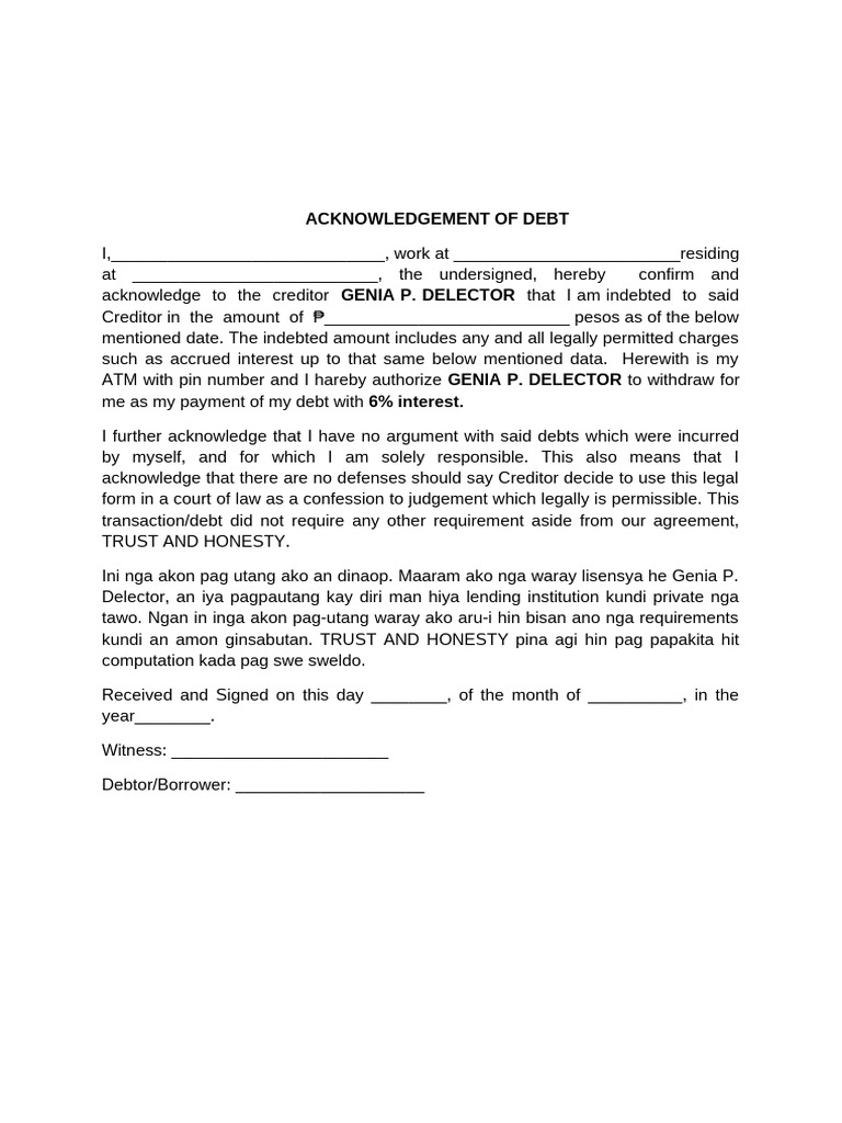 Acknowledgement of Debt Agreement Form | PDF