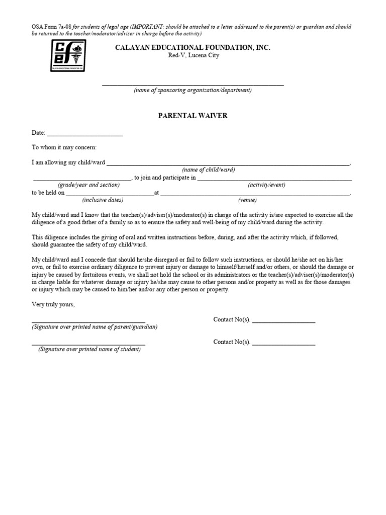 Parental Waiver Form for Student Activities | PDF | Justice | Crime ...