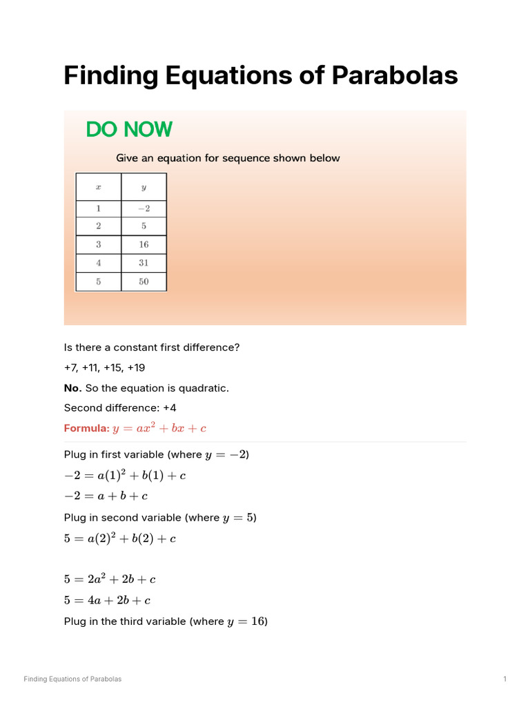 3002a1c8 Dc2e 4933 8454 55a7507baf6d Finding Equations of Parabolas | PDF
