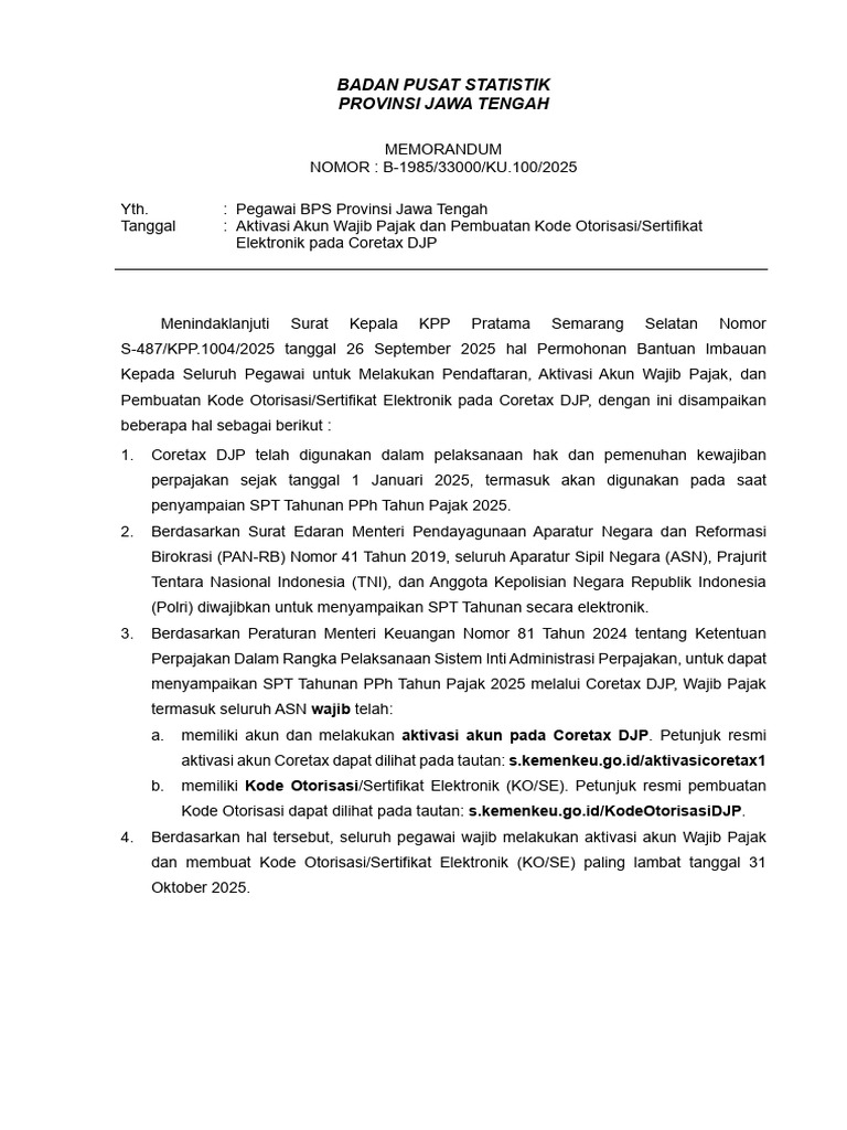 B-1985 Memorandum Aktivasi Akun Dan Registrasi Kode Otorisasi DJP ...