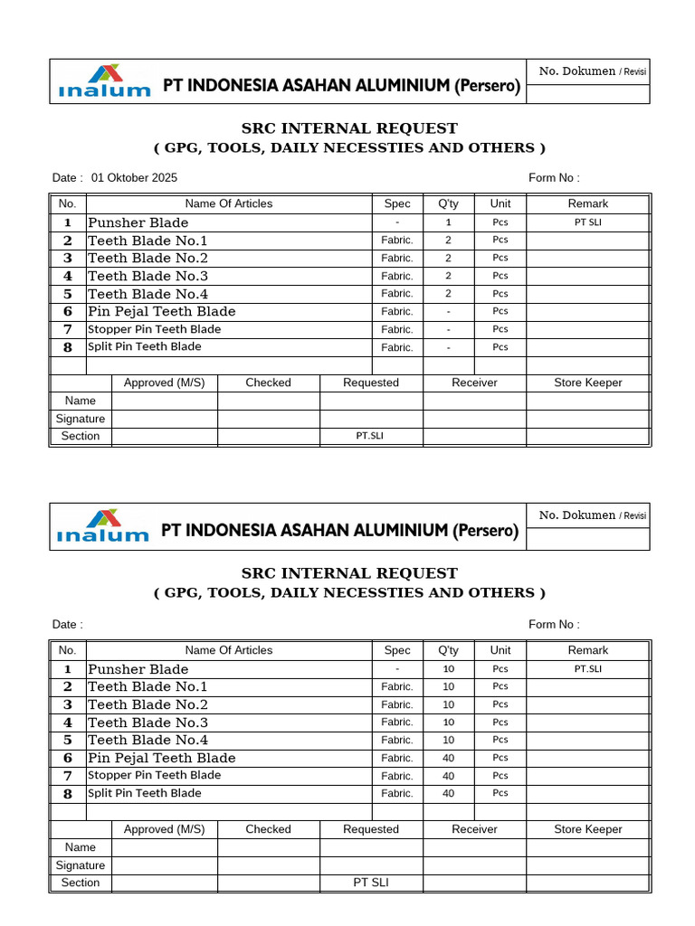 Form Request Teeth Blade | PDF