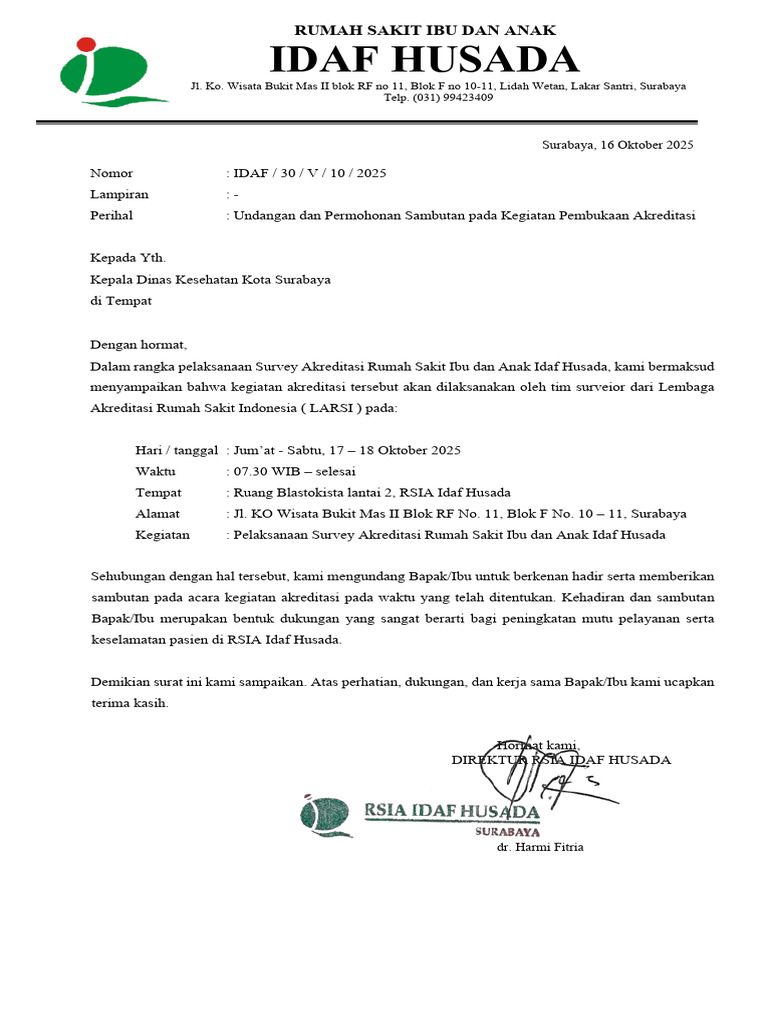 Undangan Pelaksanaan Survey Akreditasi RSIA Idaf Husada | PDF