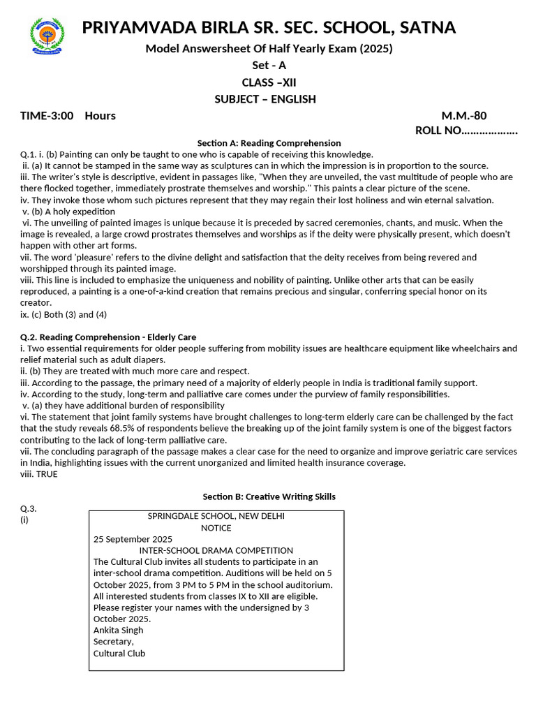 Halfyearly Exam 2025 Model Answersheet of 12 English | PDF | Mental ...