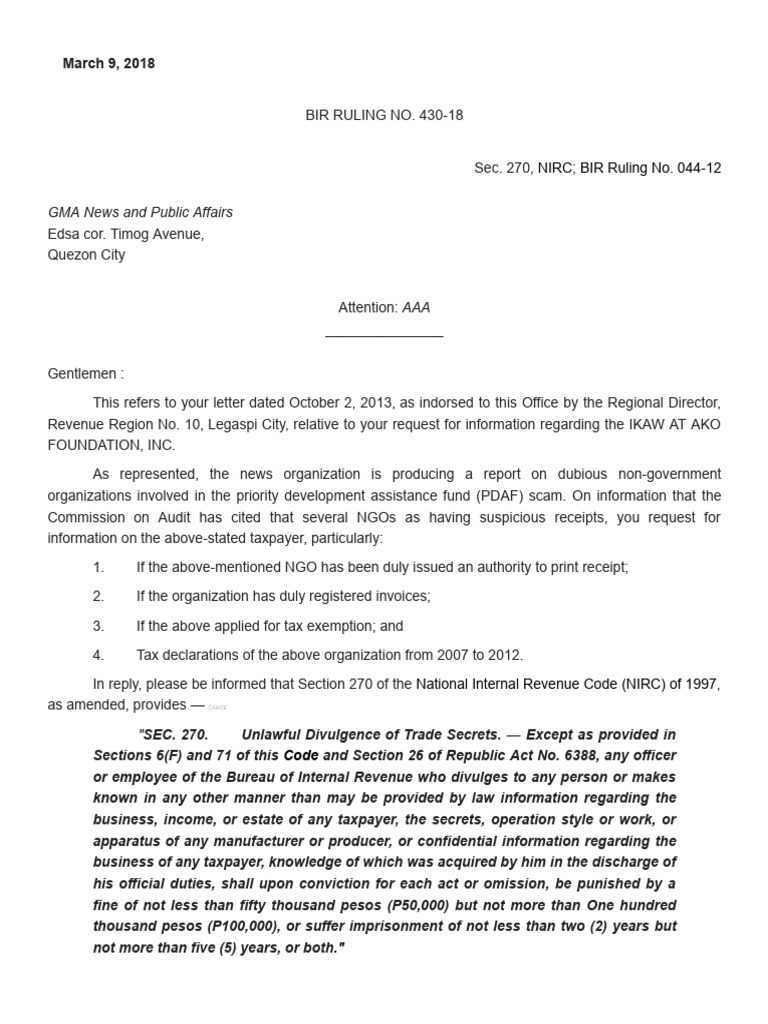 BIR Ruling No. 430-18 - GMA News and Public Affairs | PDF | Internal ...