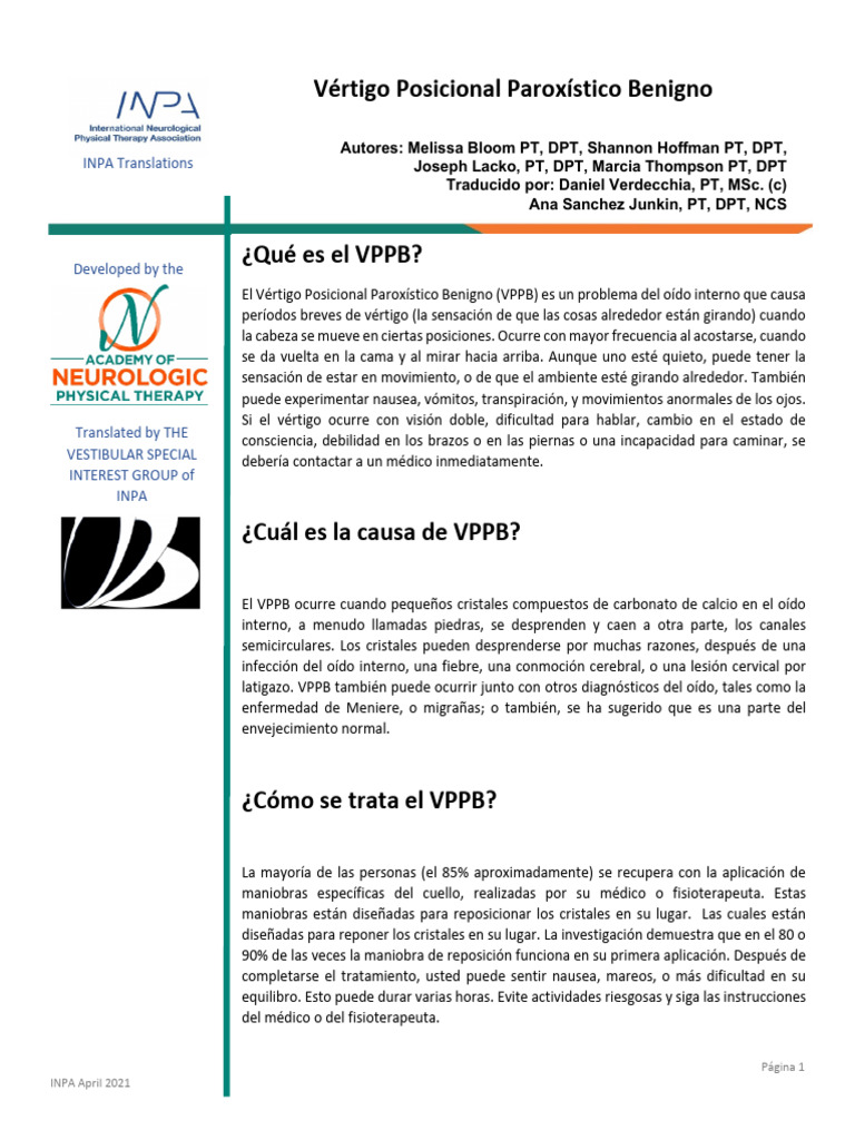 Vértigo Posicional Paroxístico Benigno | PDF | Medicina CLINICA ...