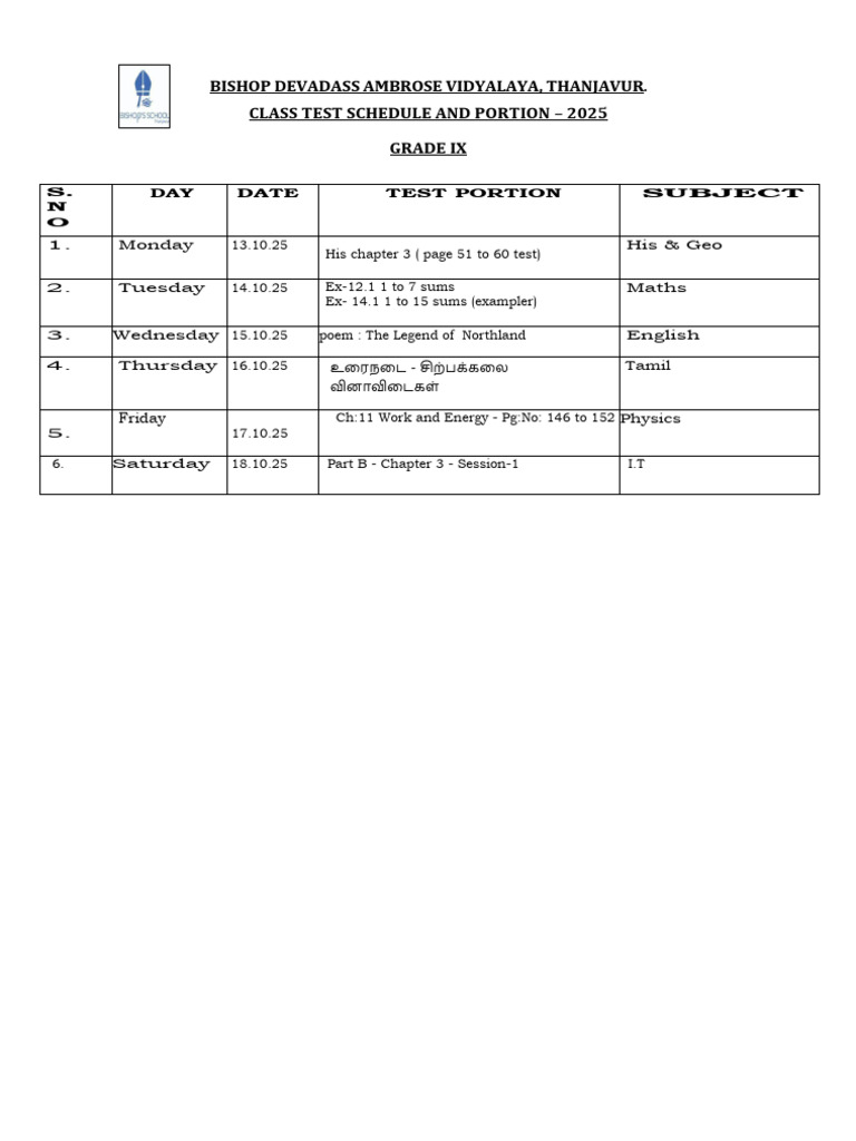 Grade IX Class Test Schedule 2025 | PDF