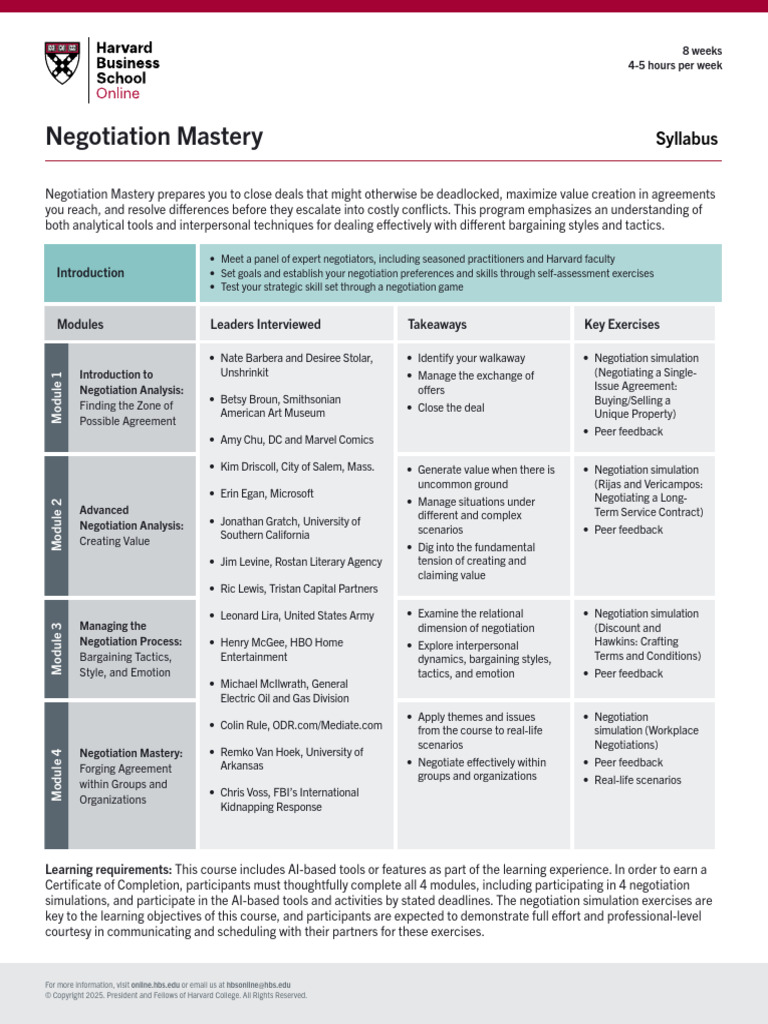 Negotiation Mastery Syllabus | PDF | Negotiation | Cognition